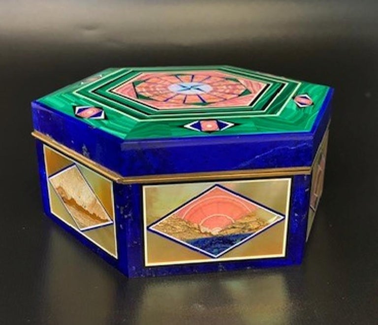 Lapis and Malachite Inlaid Gemstone Box 18 Karat Yellow Gold Fittings ...