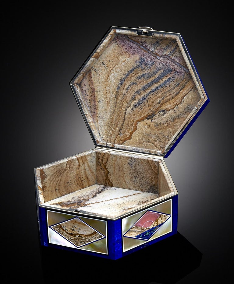 Lapis and Malachite Inlaid Gemstone Box 18 Karat Yellow Gold Fittings ...