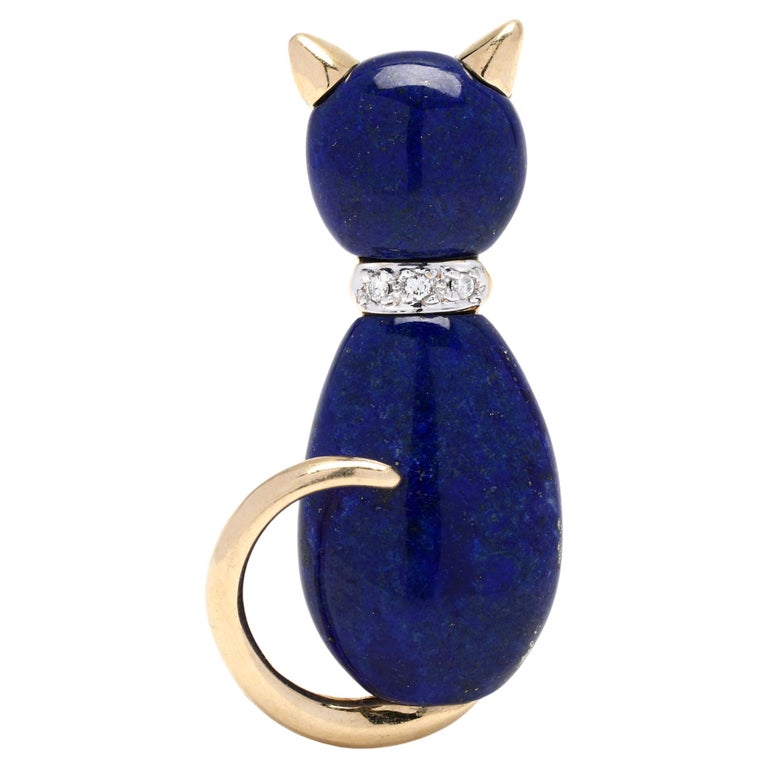 Lapis Diamond Cat Brooch, 14k Yellow Gold, Sitting Cat For Sale at 1stDibs