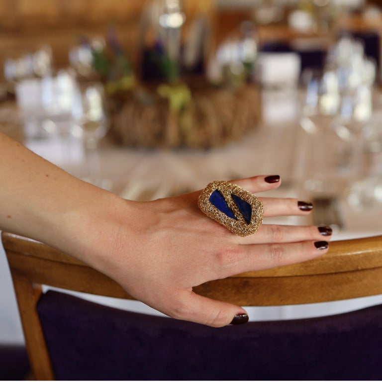 Lapis Lazuli 14 Kt Yellow Gold F. Cocktail Stone Statement Ring by the Artist For Sale at 1stDibs