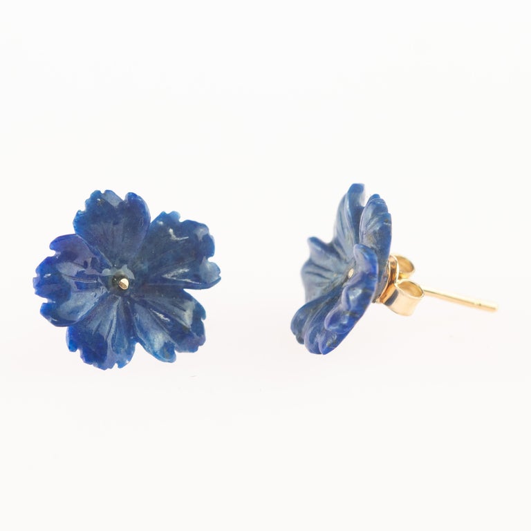 Lapis Lazuli Flower Handmade 14 Karat Gold Italian Carved Stud Blue ...