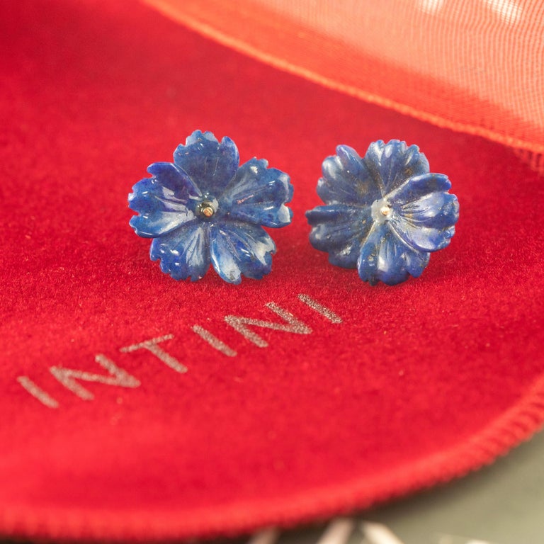 Lapis Lazuli Flower Handmade 14 Karat Gold Italian Carved Stud Blue ...