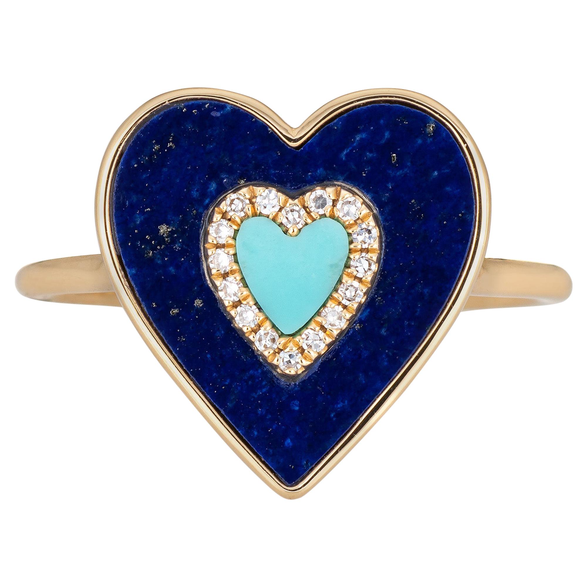 Lapis Turquoise Diamond Heart Ring 14 Karat Yellow Gold Fine Jewelry ...