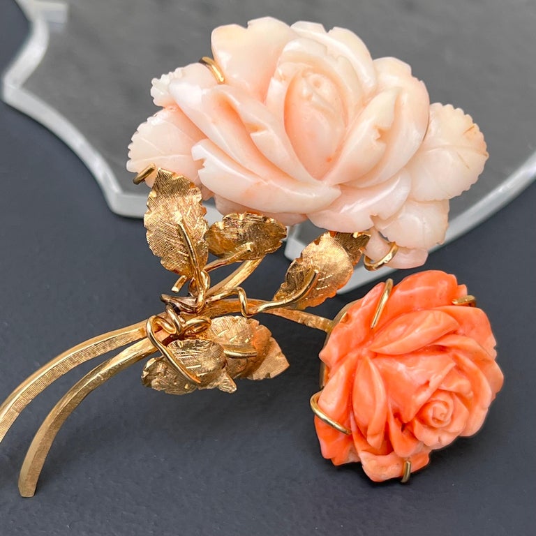 Large 14 Karat Gold Carved Coral Rose Floral Pin Brooch For Sale at 1stDibs