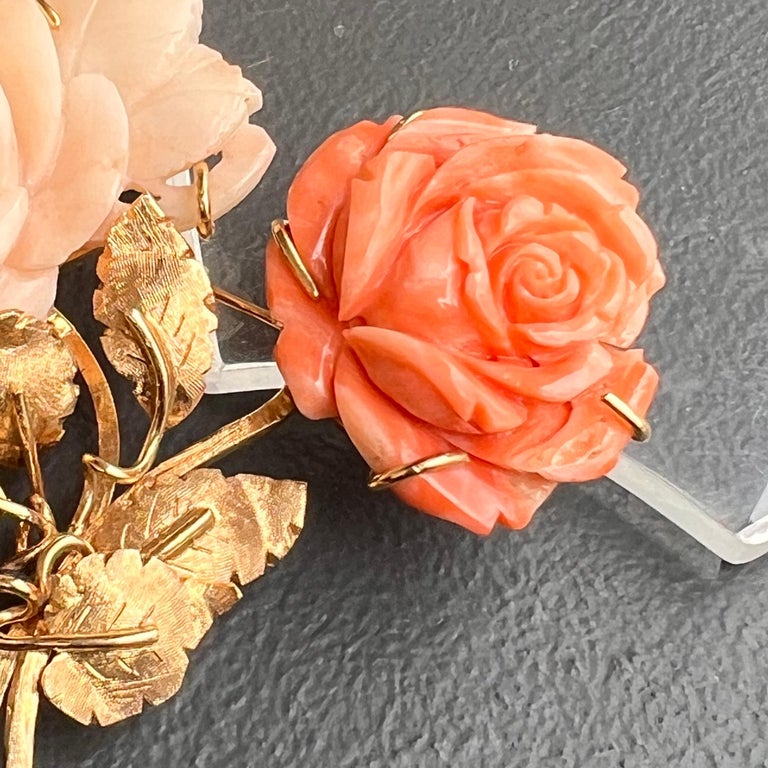 Large 14 Karat Gold Carved Coral Rose Floral Pin Brooch For Sale at 1stDibs