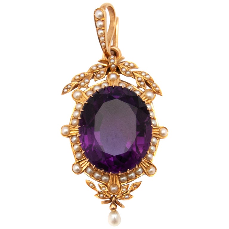Amethyst and Pearls 14K Gold Pendant at 1stDibs