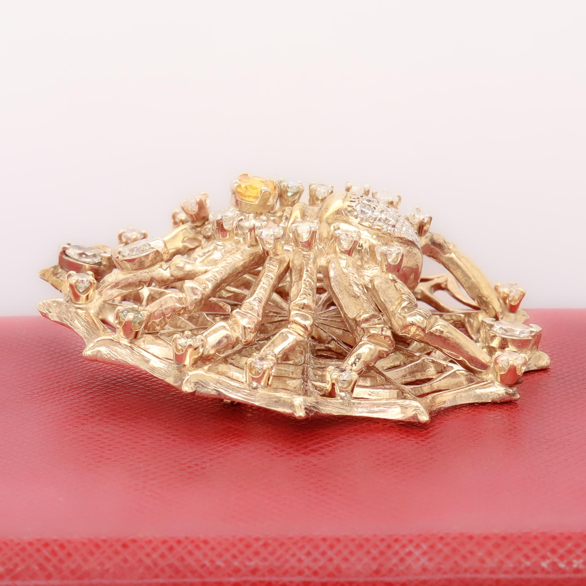 Large 14K Gold, Diamond, and Yellow Sapphire Spider and Web Brooch For ...