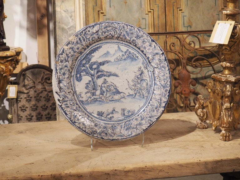 Large 17th Century French Blue and White Faience Platter with Stag Hunt ...