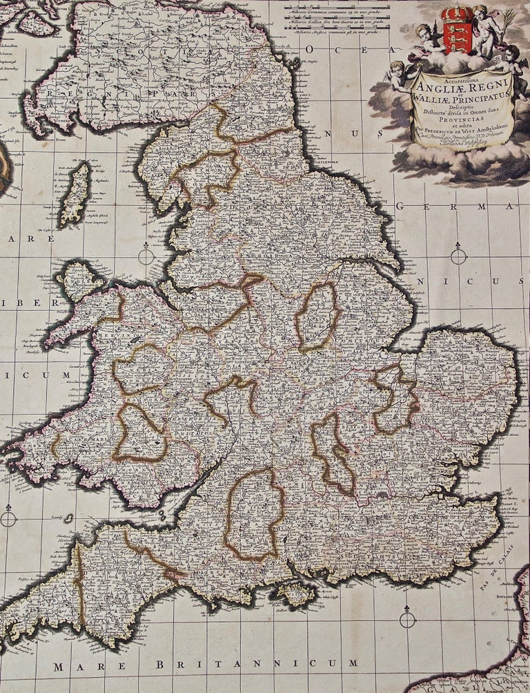 Large 17th Century Hand Colored Map of England and the British Isles by ...