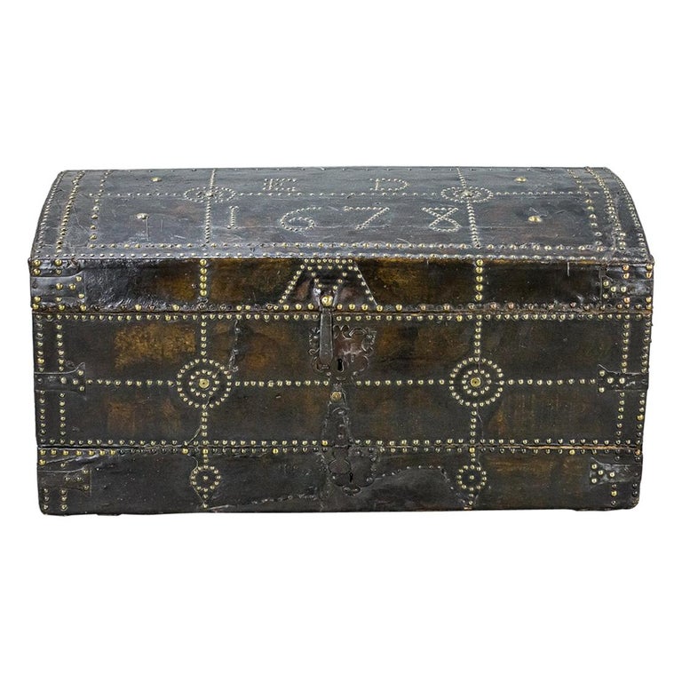 Large 17th Century Leather Studded Coffer Dated 1678 at 1stDibs
