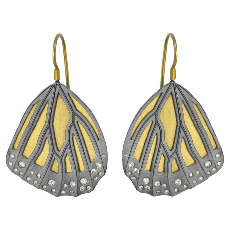 Large 18k Gold Monarch Butterfly Bottom Wing Earrings with Scattered ...