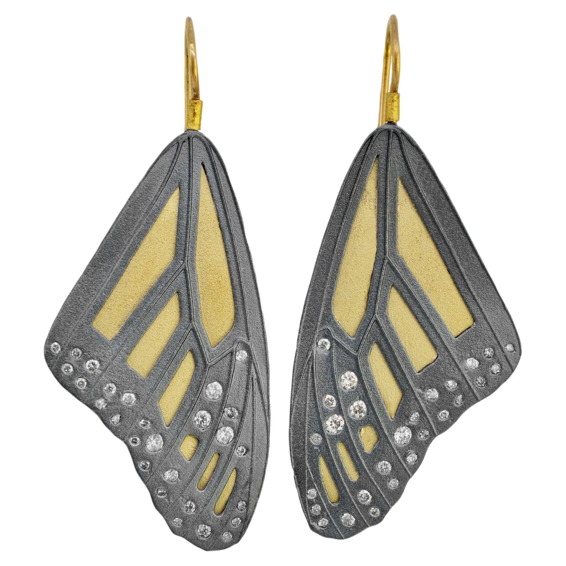 Small 18k Gold Monarch Butterfly Top Wing Earrings with Scattered ...