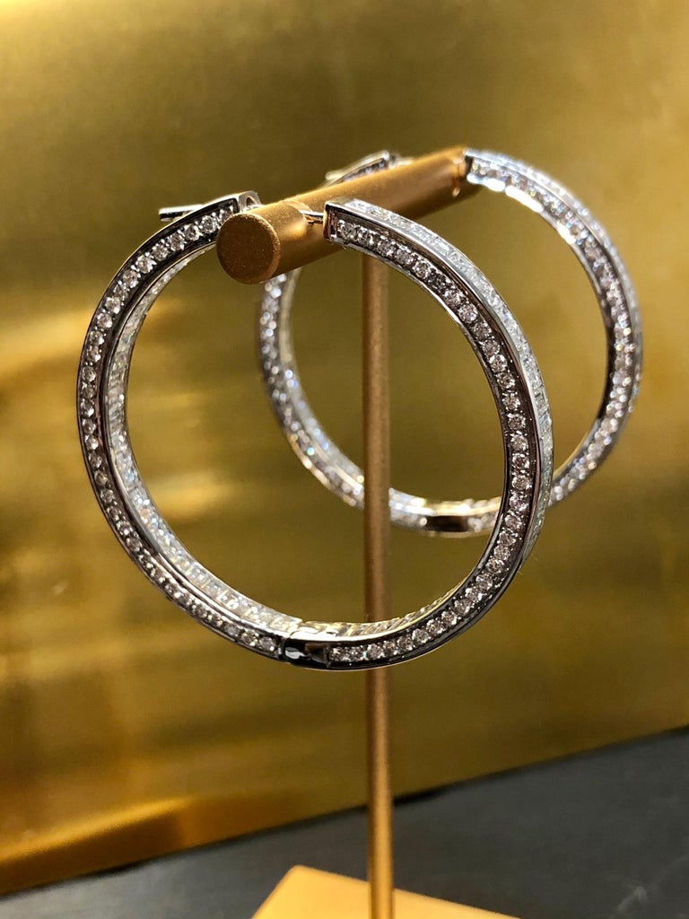 Large 18K Inside Outside 15.50cttw Baguette Diamond Hoops For Sale at ...