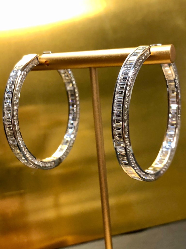 Large 18K Inside Outside 15.50cttw Baguette Diamond Hoops For Sale at ...
