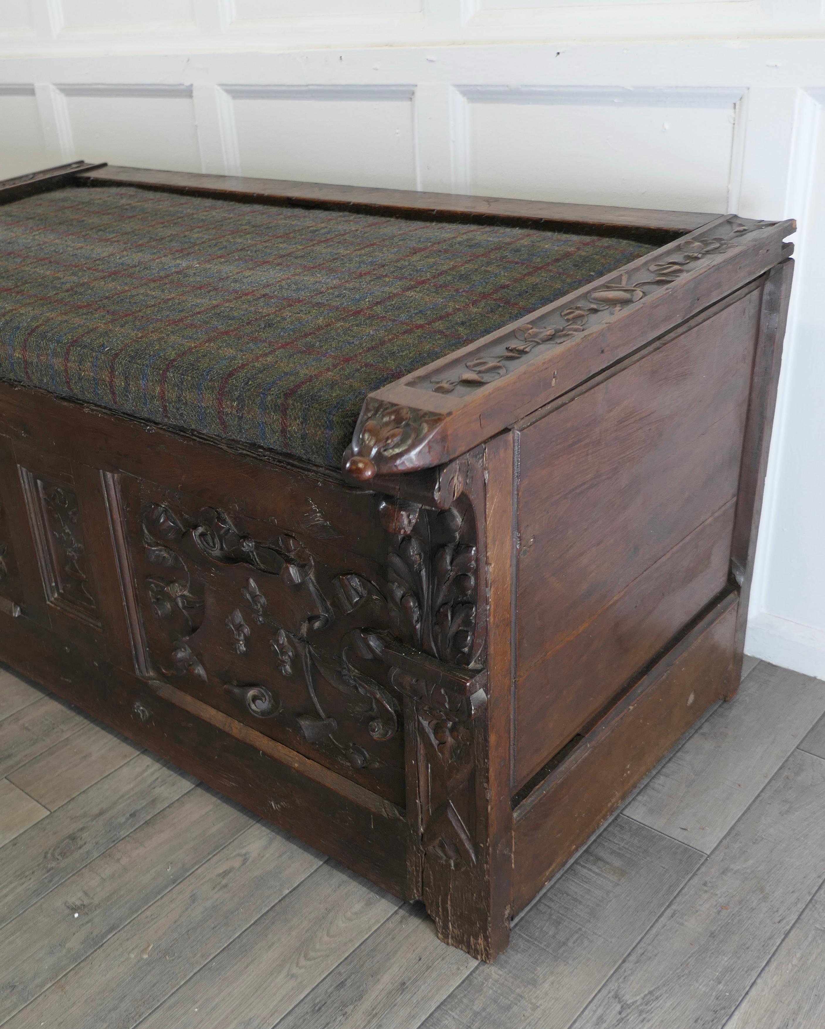Large 18th Century Carved Oak Coffer, Hall Seat at 1stDibs