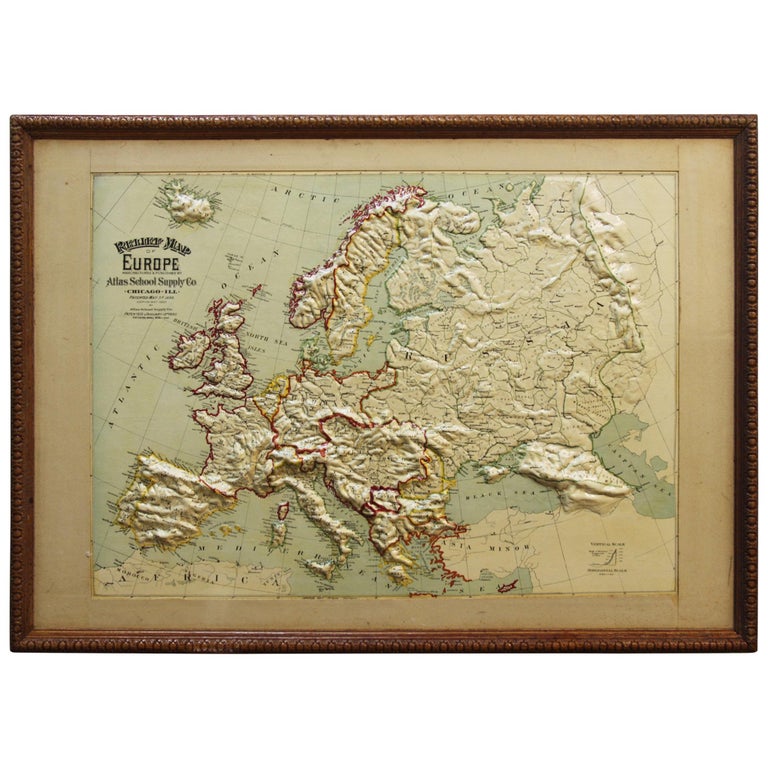 Large 1907 Vintage Relief Map of Europe by Atlas School Supply of ...