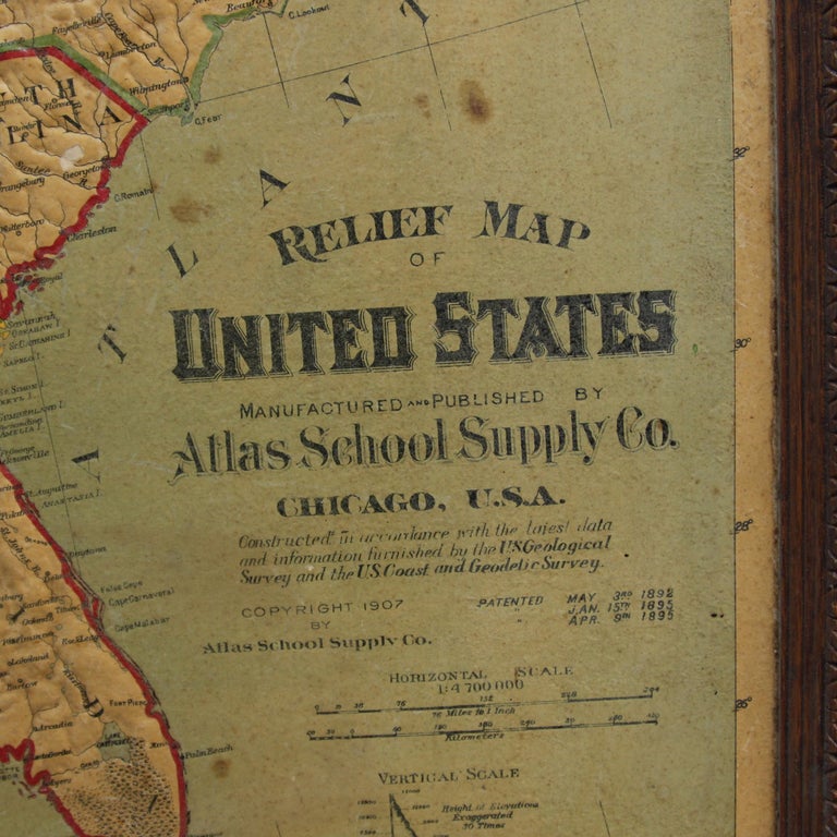 Large 1907 Vintage Relief Map of United States by Atlas School Supply ...