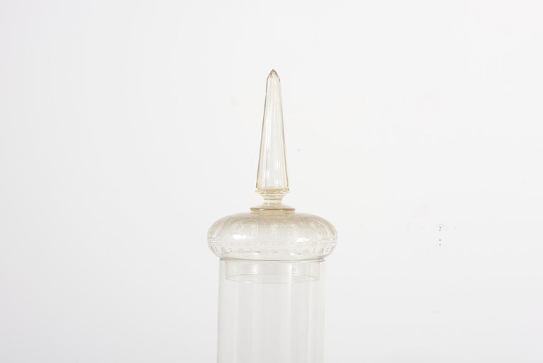 Large 1920s Glass Pillar with Delicate Engravings For Sale at 1stDibs