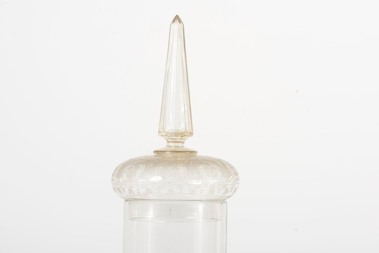 Large 1920s Glass Pillar with Delicate Engravings For Sale at 1stDibs