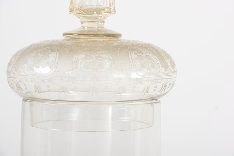 Large 1920s Glass Pillar with Delicate Engravings For Sale at 1stDibs