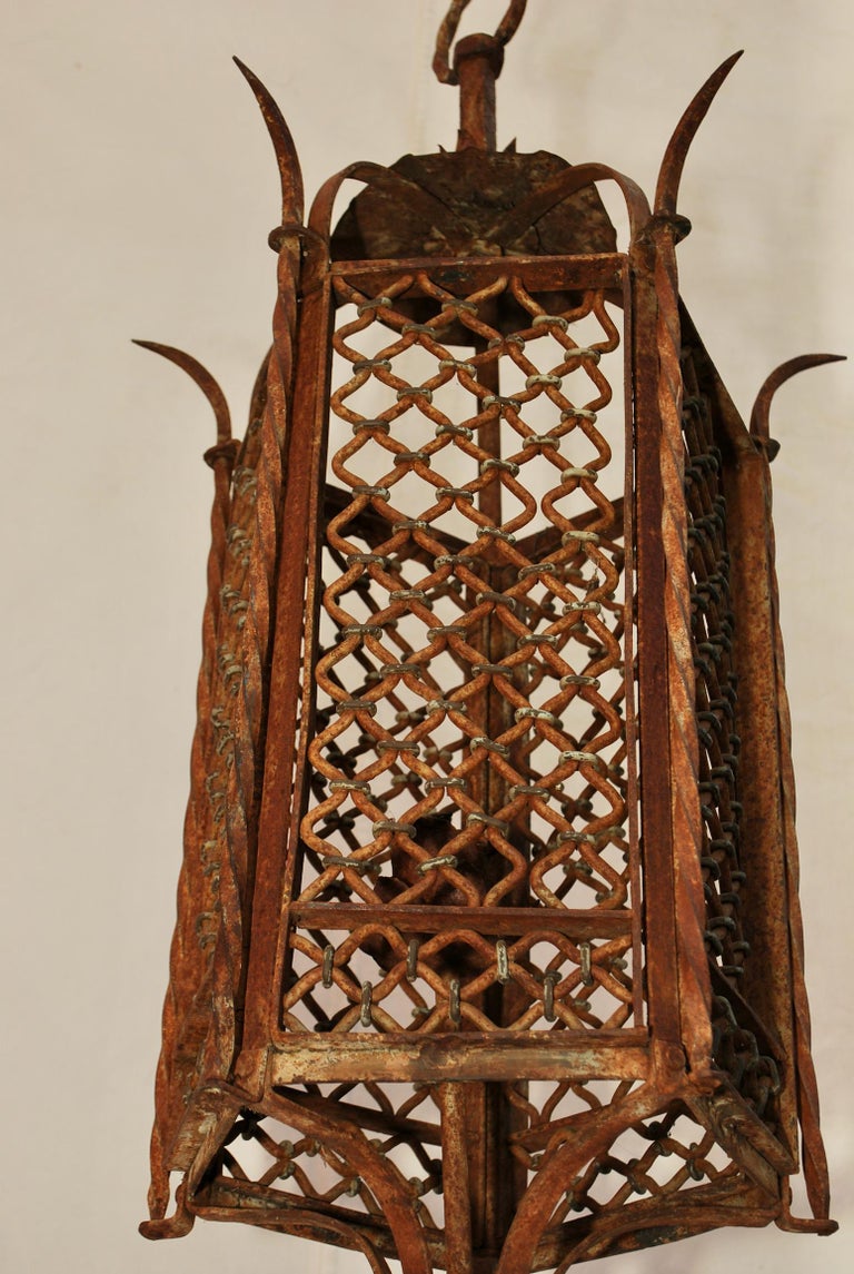 Large 1920's Rustic Wrought Iron Lantern For Sale at 1stDibs