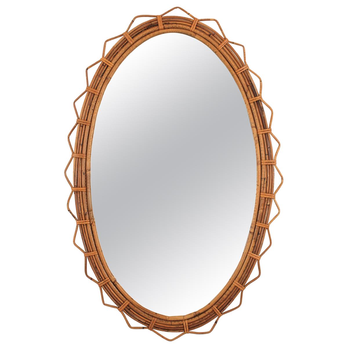 Large 1950s French Riviera Bamboo and Rattan Jagged Edge Oval Sunburst ...