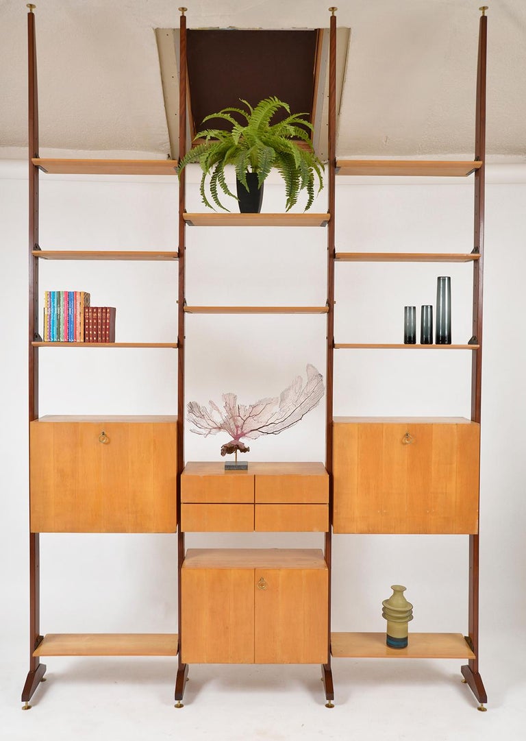 Large 1950s Italian Mid Century Teak Maple Freestanding Shelving System ...