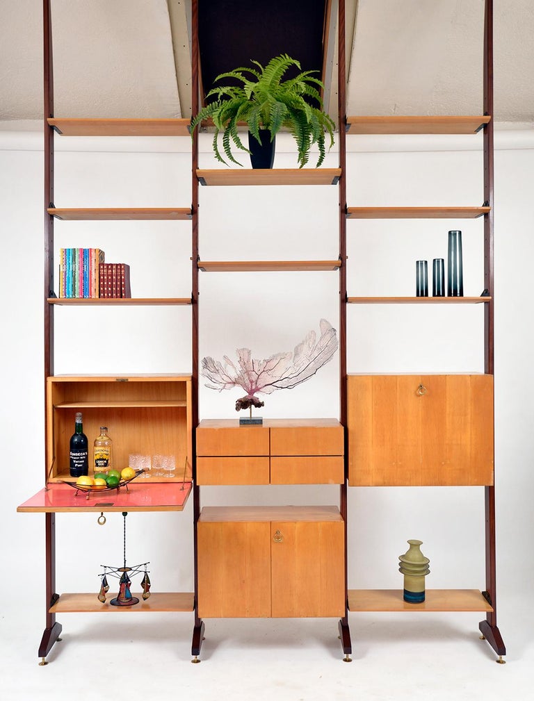 Large 1950s Italian Mid Century Teak Maple Freestanding Shelving System ...