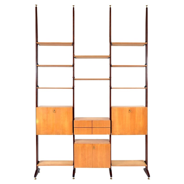 Large 1950s Italian Mid Century Teak Maple Freestanding Shelving System ...