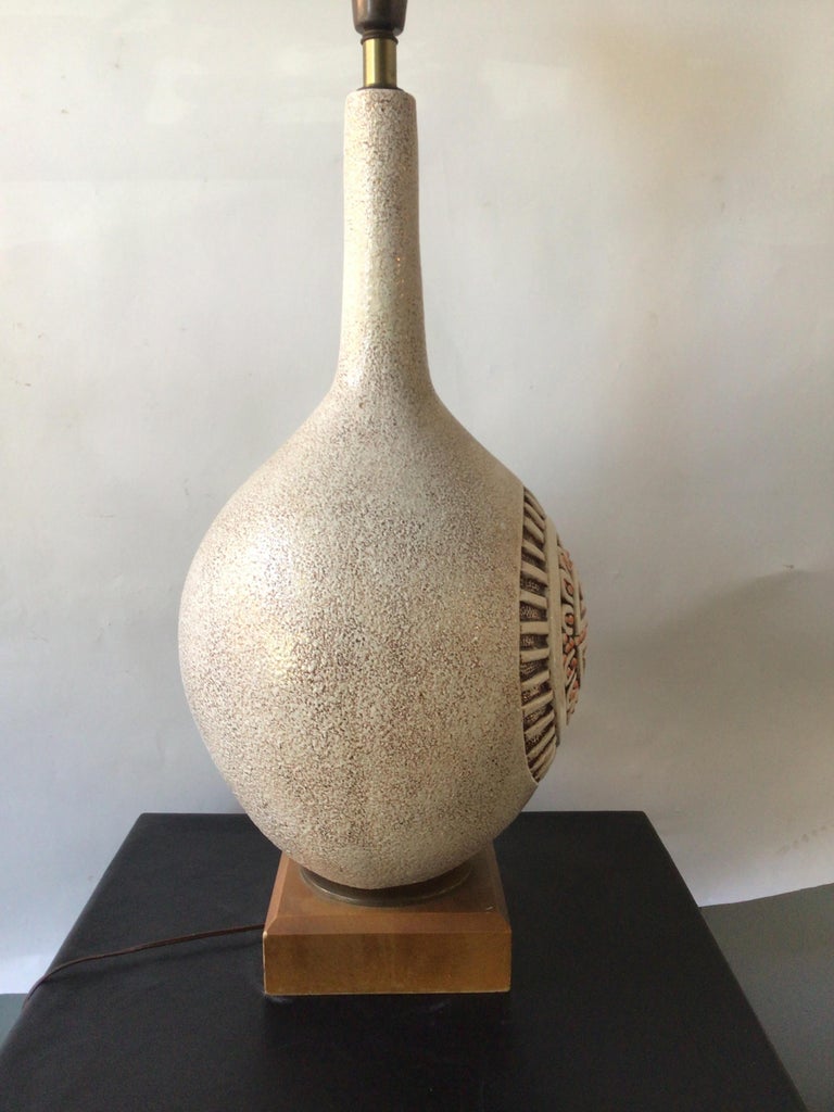 Large 1960s “Groovy” White Orange and Gold Ceramic Lamp on Wood Base ...