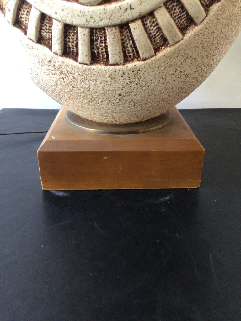 Large 1960s “Groovy” White Orange and Gold Ceramic Lamp on Wood Base ...