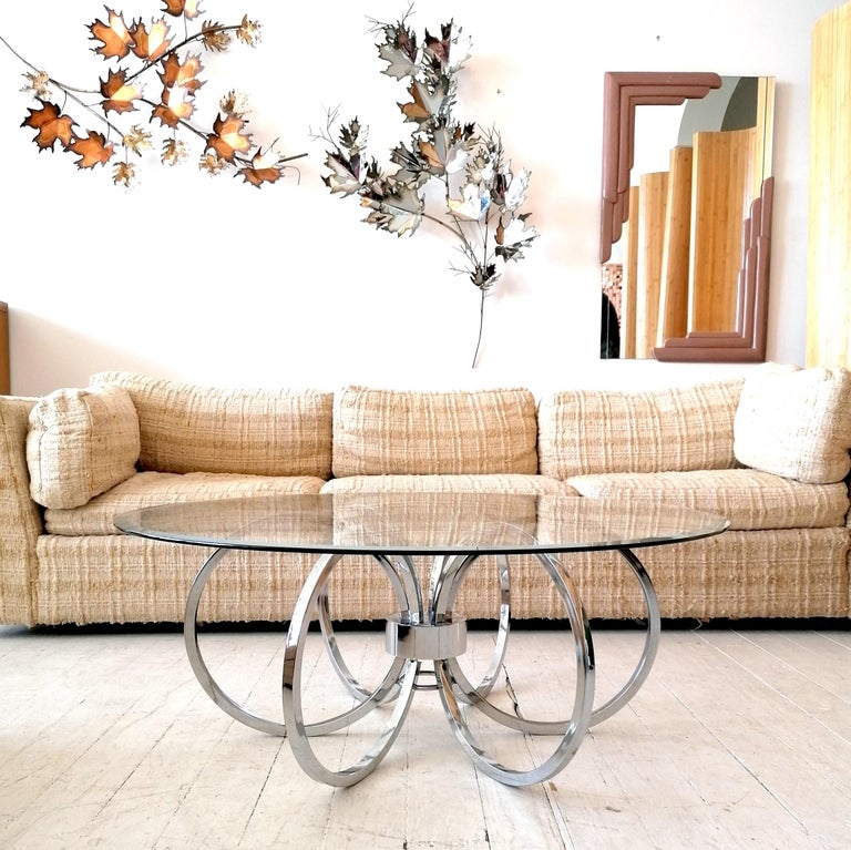 Large 1970s Chrome Rings Coffee Table with Glass Top, Manner of Milo Baughman For Sale at 1stDibs