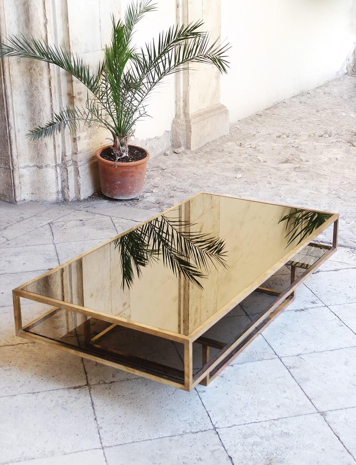 Large 1970s Mirror and Brass Italian Coffee table For Sale at 1stDibs