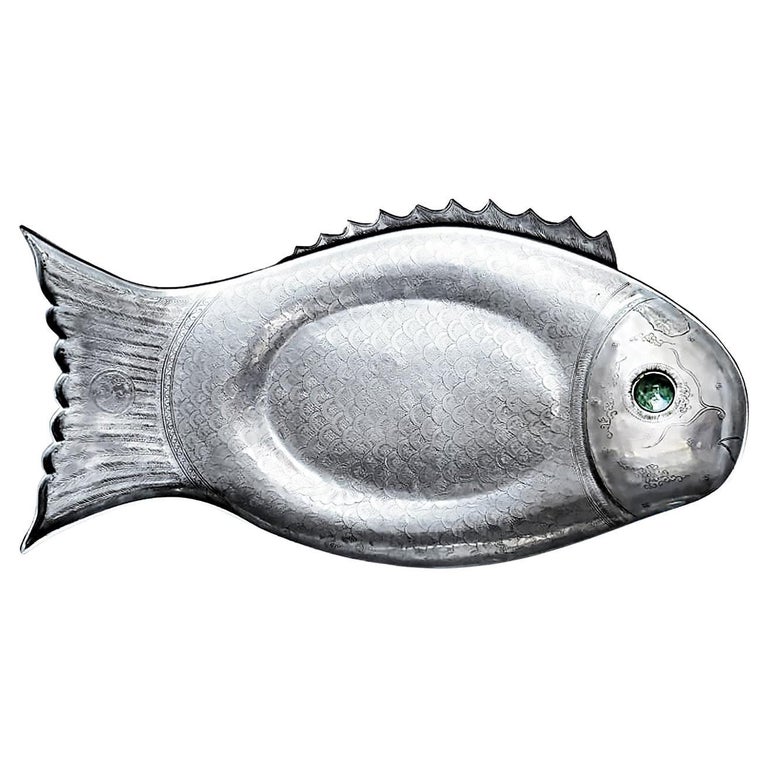 Large 1975 Arthur Court Aluminium Fish Platter, Jadeite Stone Eye For ...