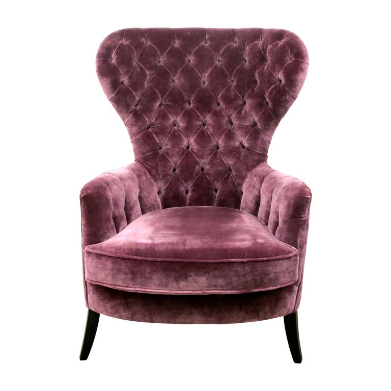 Large 1980s English Wingback Armchair with Capitoné Backrest in Purple ...