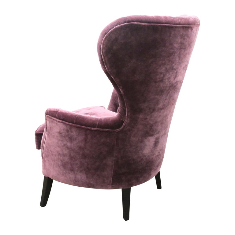 Large 1980s English Wingback Armchair with Capitoné Backrest in Purple ...