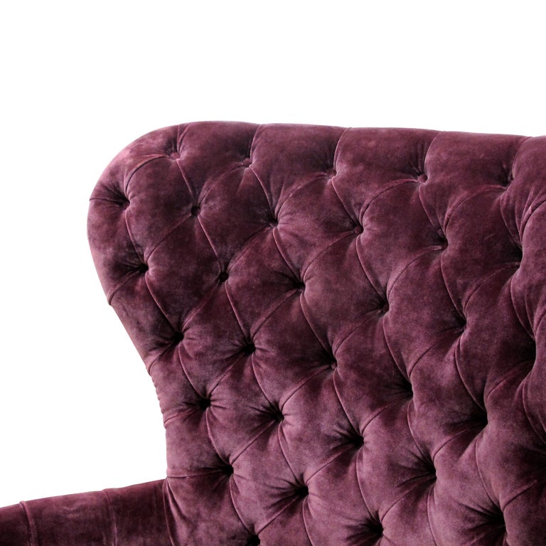 Large 1980s English Wingback Armchair with Capitoné Backrest in Purple ...