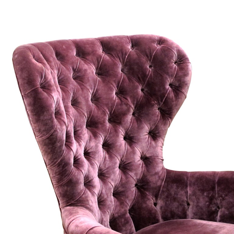 Large 1980s English Wingback Armchair with Capitoné Backrest in Purple ...