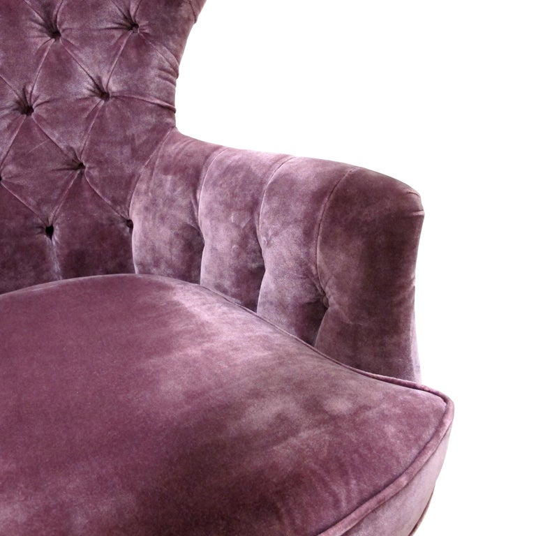 Large 1980s English Wingback Armchair with Capitoné Backrest in Purple ...
