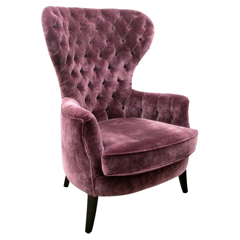 Large 1980s English Wingback Armchair with Capitoné Backrest in Purple ...