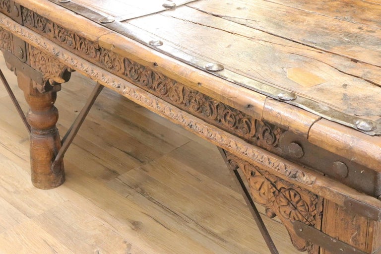 Large 19C Rustic Indian Carved Wood Coffee Table For Sale at 1stDibs