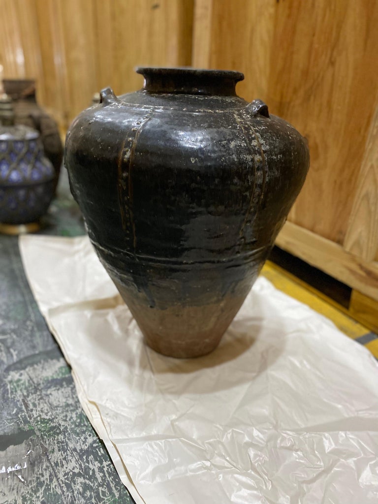 Large 19th C. Japanese Brown Glazed Terracotta Pot For Sale at 1stDibs