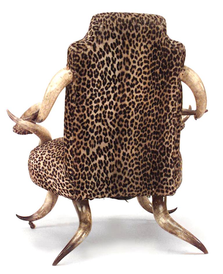 Rustic Continental Horn and Leopard Arm Chair For Sale at 1stDibs