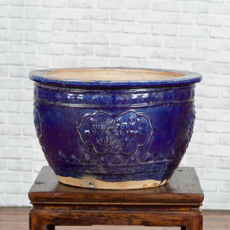 Large 19th Century Annamese Royal Blue Circular Planter with Floral ...