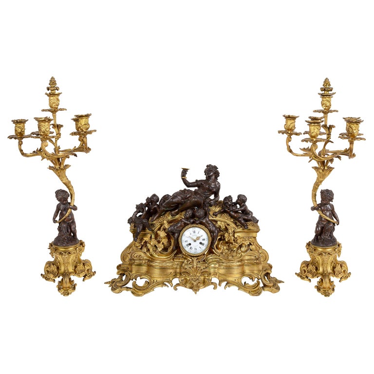 Large 19th Century Bronze Bachuss Clock Set, by Deniere For Sale at 1stDibs