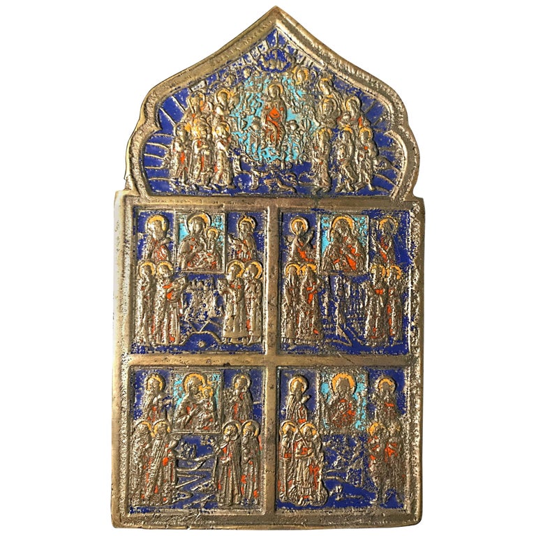 Large 19th Century Bronze Polychrome Enameled Russian Orthodox Travel Icon For Sale at 1stDibs