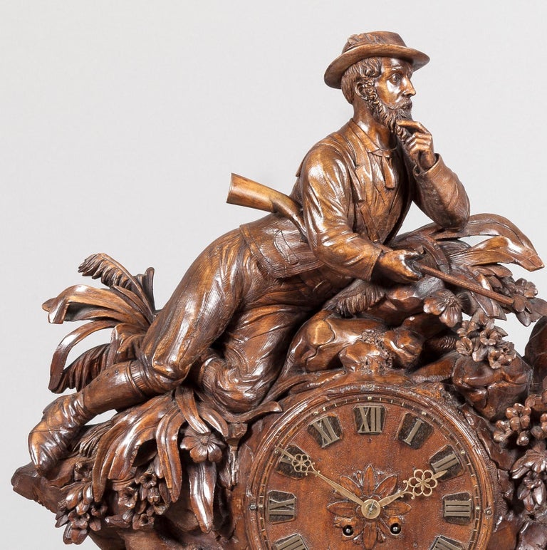 Large 19th Century Carved Black Forest Mantel Clock For Sale at 1stDibs