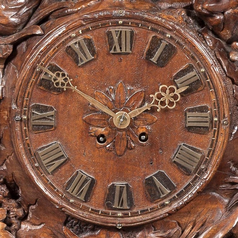 Large 19th Century Carved Black Forest Mantel Clock For Sale at 1stDibs
