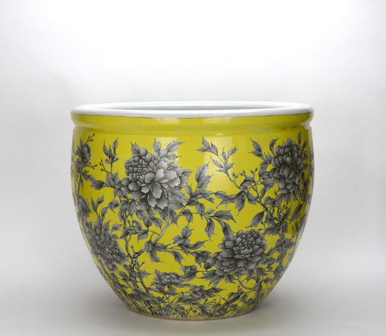 Large Chinese Qing Yellow Glazed Black Floral Porcelain Jardiniere For ...