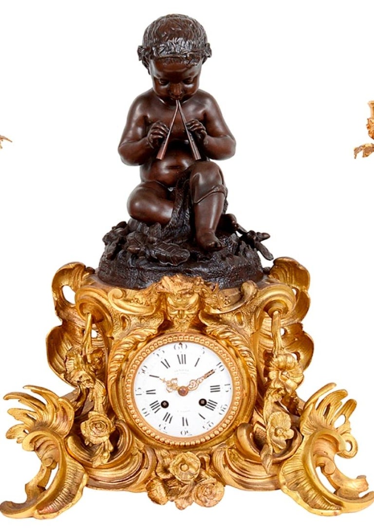 Large 19th Century French Bronze Clock Set For Sale at 1stDibs